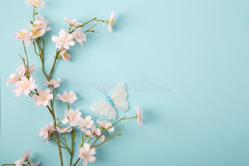 Blue Spring Paper Background and Pink Flowers Stock Image - Image of ...