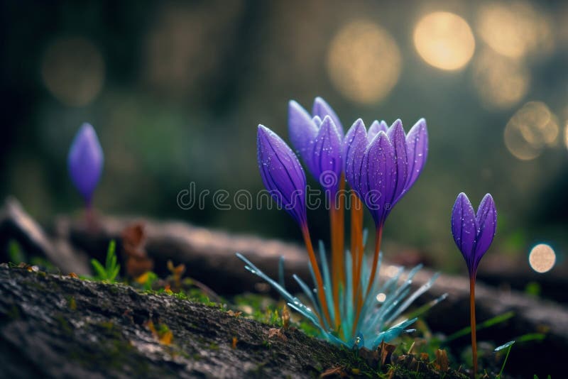 Blue Sprouting Crocus Flowers Covered in Water Droplets in Spring ...