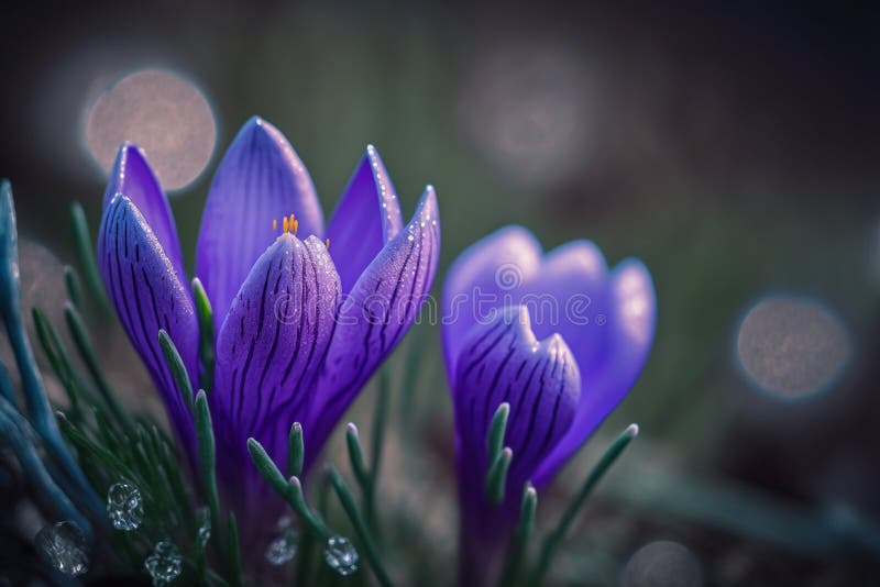 Blue Sprouting Crocus Flowers Covered in Water Droplets in Spring ...