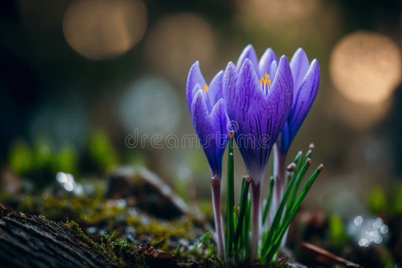 Blue Sprouting Crocus Flowers Covered in Water Droplets in Spring ...