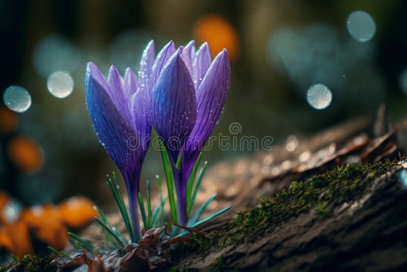 Blue Sprouting Crocus Flowers Covered in Water Droplets in Spring ...