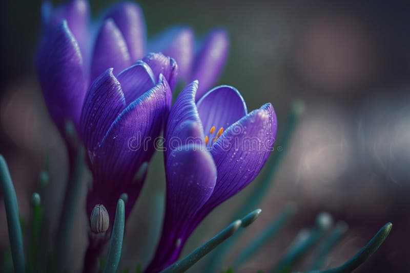 Blue Sprouting Crocus Flowers Covered in Water Droplets in Spring ...
