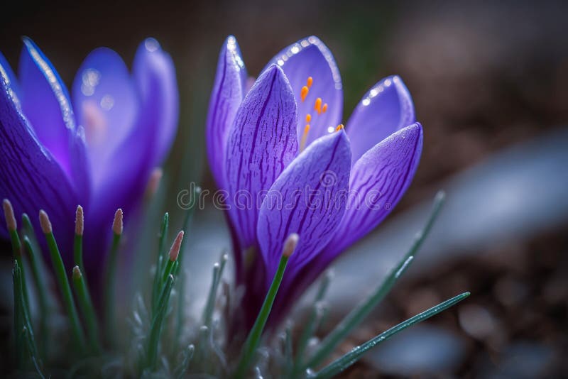 Blue Sprouting Crocus Flowers Covered in Water Droplets in Spring ...