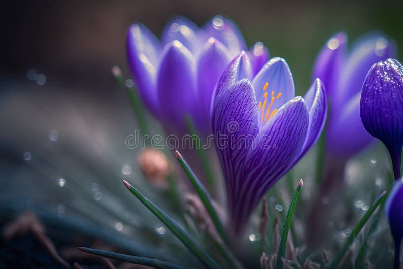 Blue Sprouting Crocus Flowers Covered in Water Droplets in Spring ...
