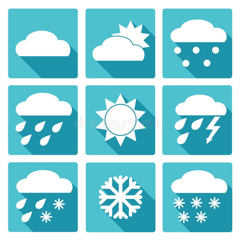 Blue Square Icons Set of Weather Forecast Stock Vector - Illustration ...