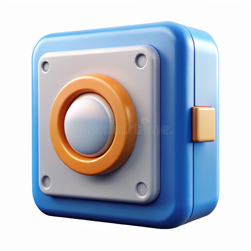 Blue Square Push Button Icon with Orange and White Circular Center on ...