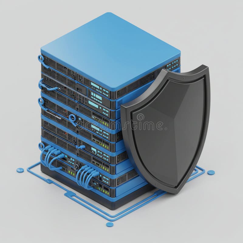 Blue Stack of Server Racks with Glowing Indicator Lights, Connected by ...