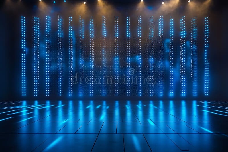 Blue Stage Lighting with Illuminated Wall Panels and Reflective Floor ...