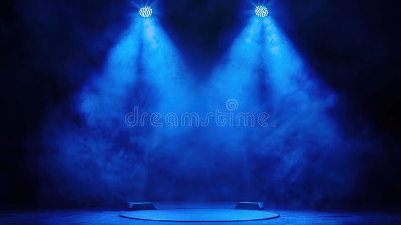Blue Stage Lights Illuminate Empty Circular Platform, Smoky Background ...
