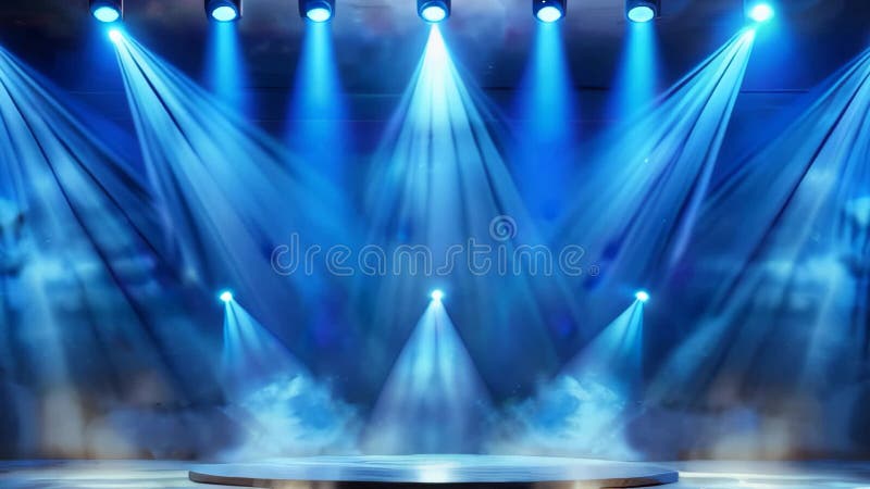 Blue Stage Scene Illuminated with Bright Spotlights. Effect on Dark ...