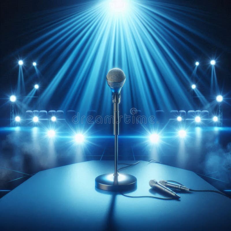 Blue Stage Set with Microphone Under a Bright Spotlight Stock ...