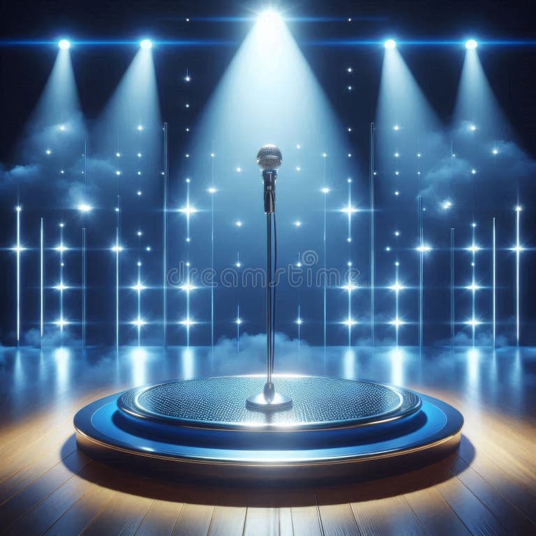 Blue Stage Set with Microphone Under a Bright Spotlight Stock ...