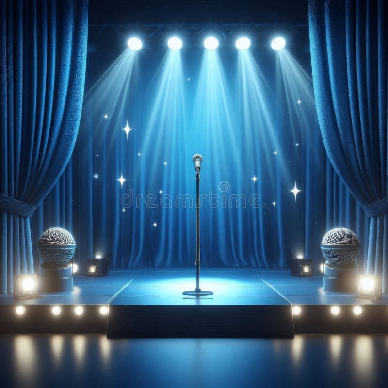 Blue Stage Set with Microphone Under a Bright Spotlight Stock ...