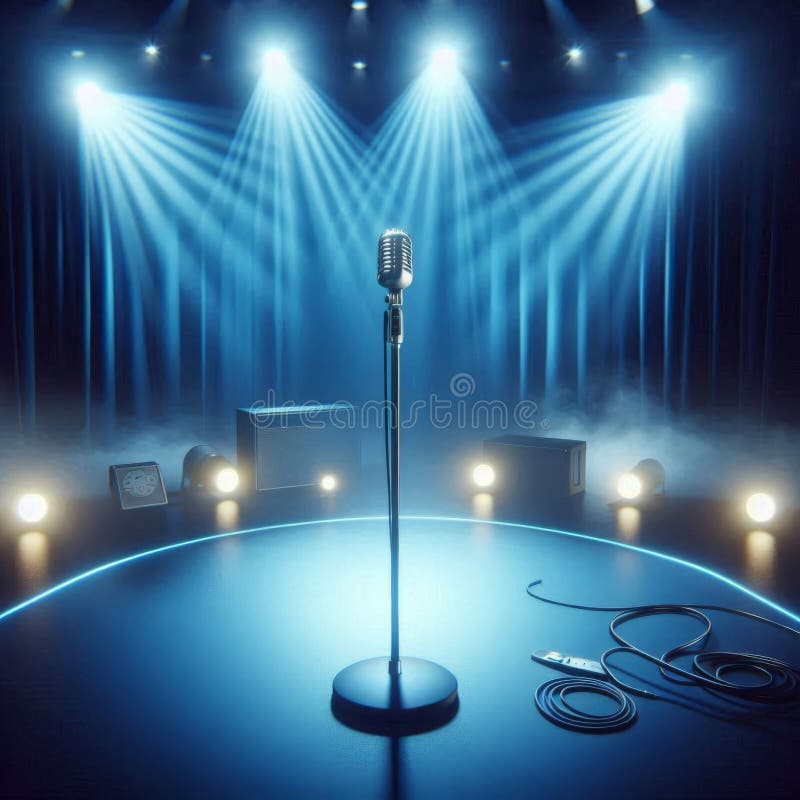 Blue Stage Set with Microphone Under a Bright Spotlight Stock ...