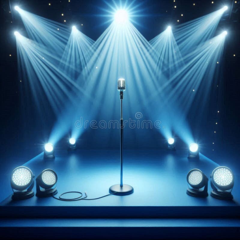 Blue Stage Set with Microphone Under a Bright Spotlight Stock ...