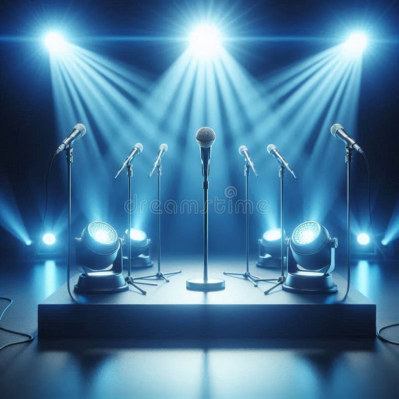 Blue Stage Set with Microphone Under a Bright Spotlight Stock ...