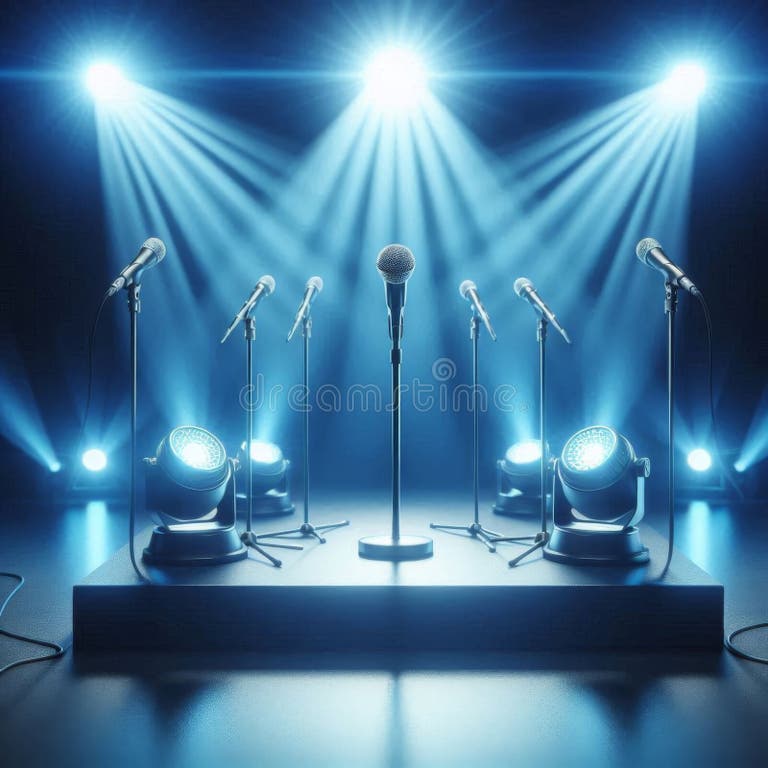 Blue Stage Set with Microphone Under a Bright Spotlight Stock ...