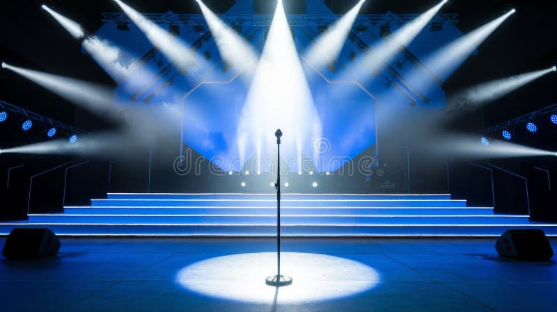 Blue Stage Set with Microphone Under a Bright Spotlight Stock ...