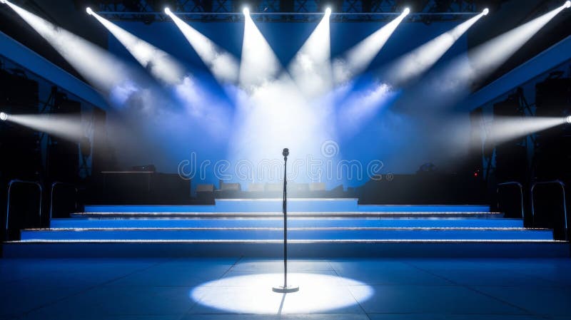 Blue Stage Set with Microphone Under a Bright Spotlight Stock ...