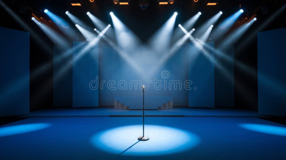 Blue Stage Set with Microphone Under a Bright Spotlight Stock ...