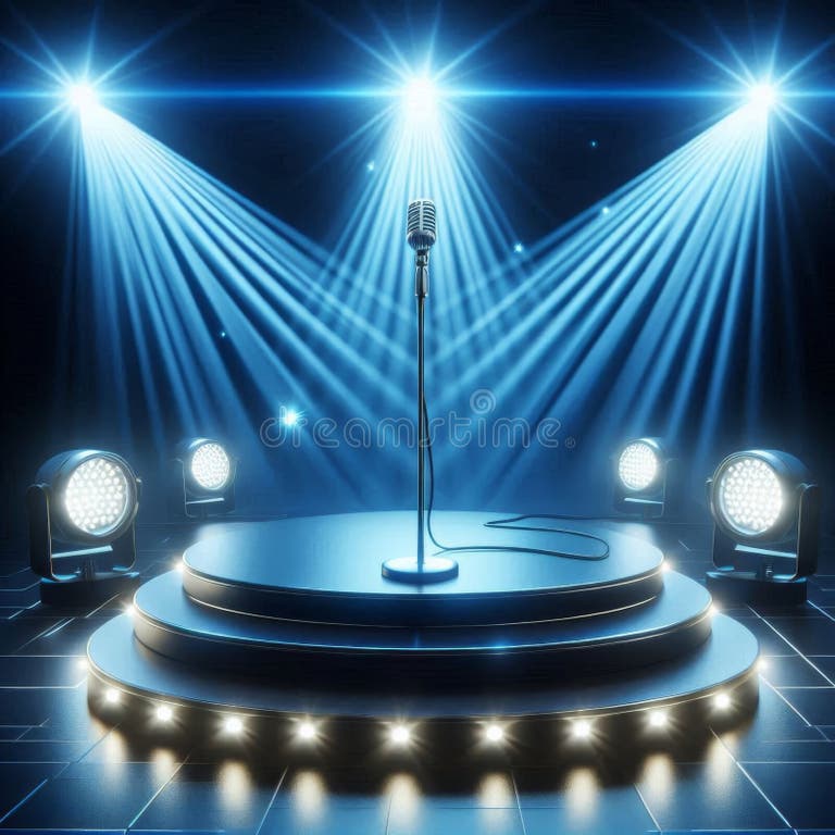 Blue Stage Set with Microphone Under a Bright Spotlight Stock ...