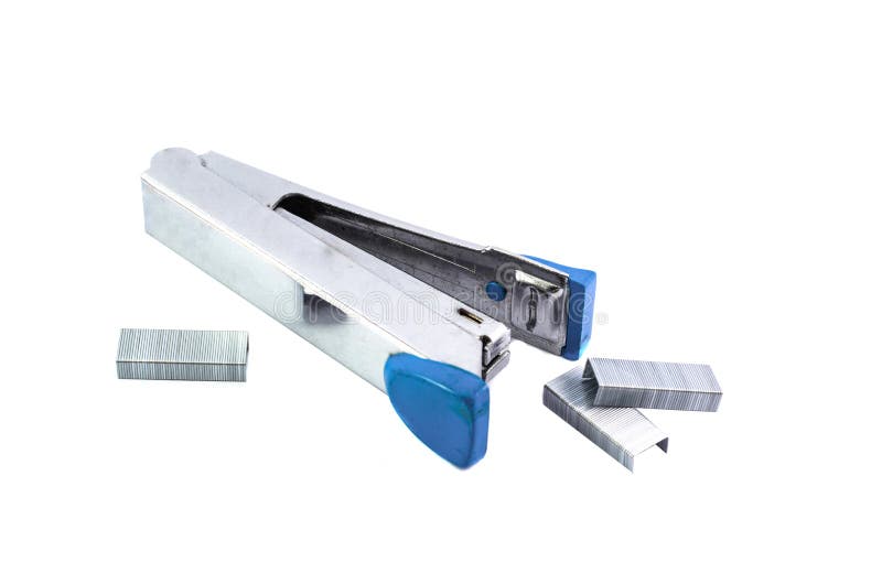 Blue Stapler and Clips Closeup Stock Photo - Image of stapler, white ...