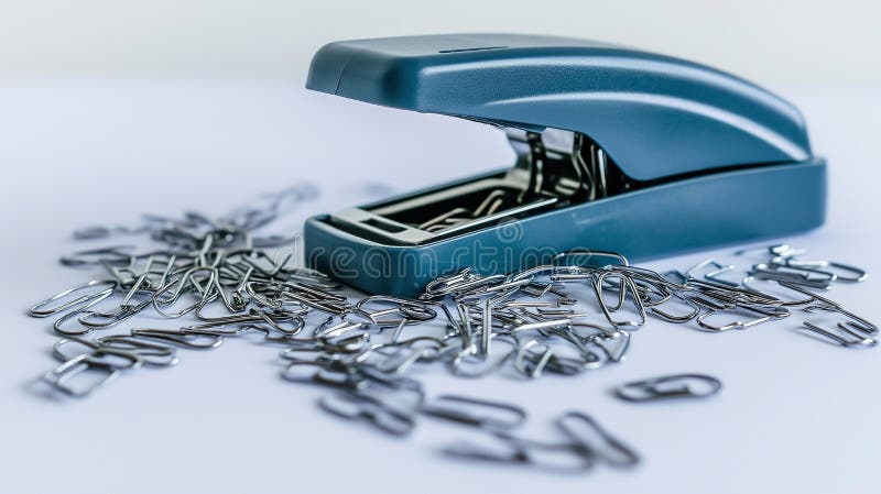 A Blue Stapler with a Lot of Paper Clips on the Floor Stock ...