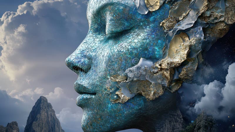 A Blue Statue Featuring a Face Crafted from Gold and Silver Materials ...