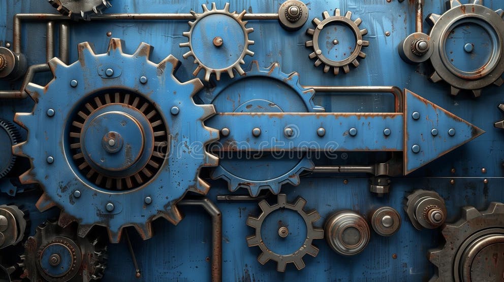 Blue Steampunk Background with Gears, Engineering Fiction Retro Science ...