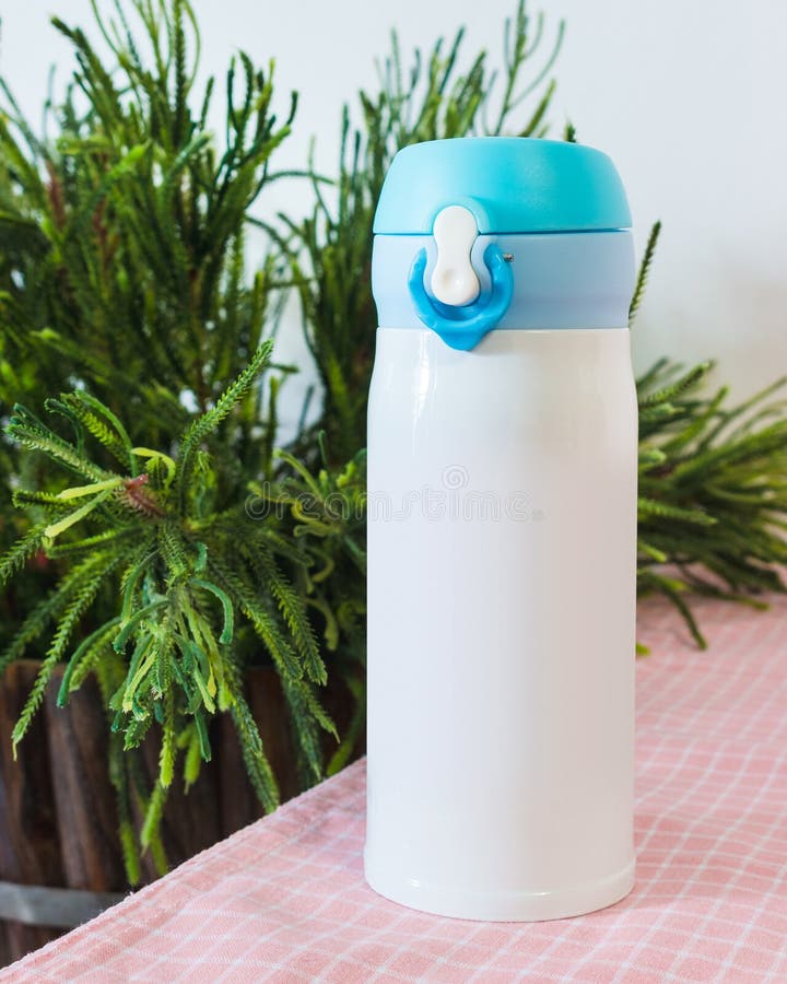 Blue Steel Bottle on Kitchen Table Background. Blank Drink Container ...