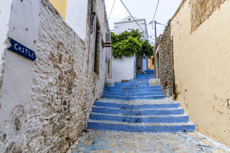 Blue Steps Homes Flower Pots Plants Symi Greece Stock Photos - Free ...