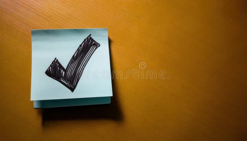 Bright Blue Sticky Note with a Large Black Checkmark on a Wooden ...
