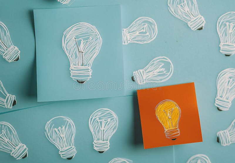 Blue Sticky Notes with Light Bulb Drawings Stock Illustration ...