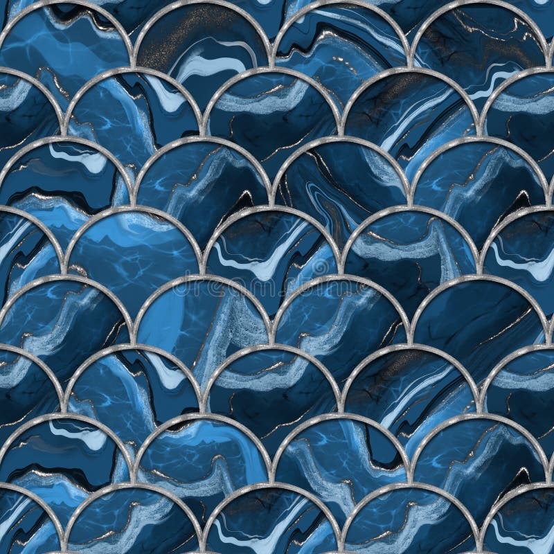 Blue Stone Seamless Pattern. Decorative Marble Effect and Silver Waves ...