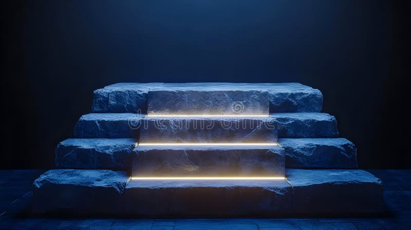 Blue Stone Steps with Neon Lights - 3D Render Stock Illustration ...