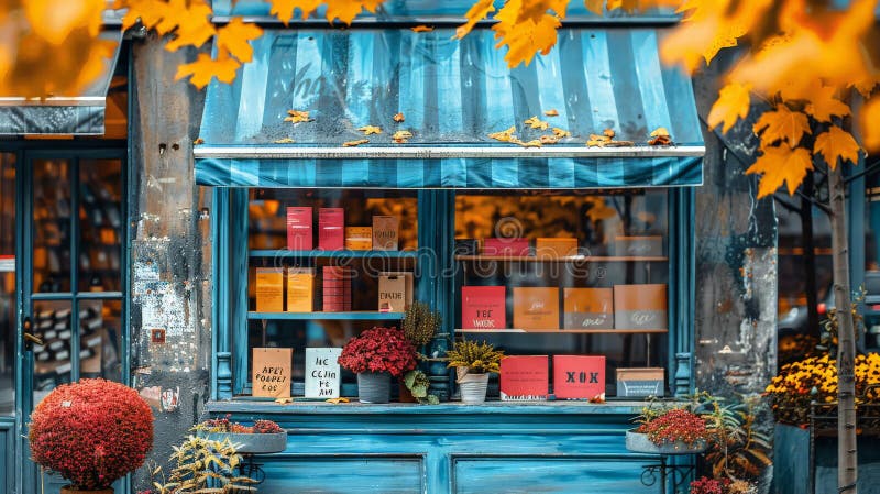 Blue Storefront with Autumn Leaves Stock Illustration - Illustration of ...
