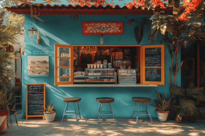 A Blue Storefront with a Chalkboard Menu and a Window Display Stock ...