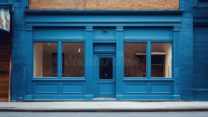 Blue Storefront with a Door and Windows Stock Photo - Image of urban ...