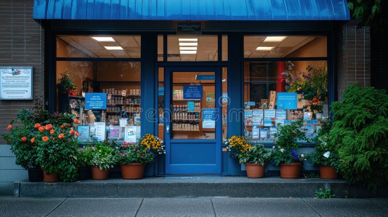 Blue Storefront with Plants and Flowers Outside Stock Illustration ...