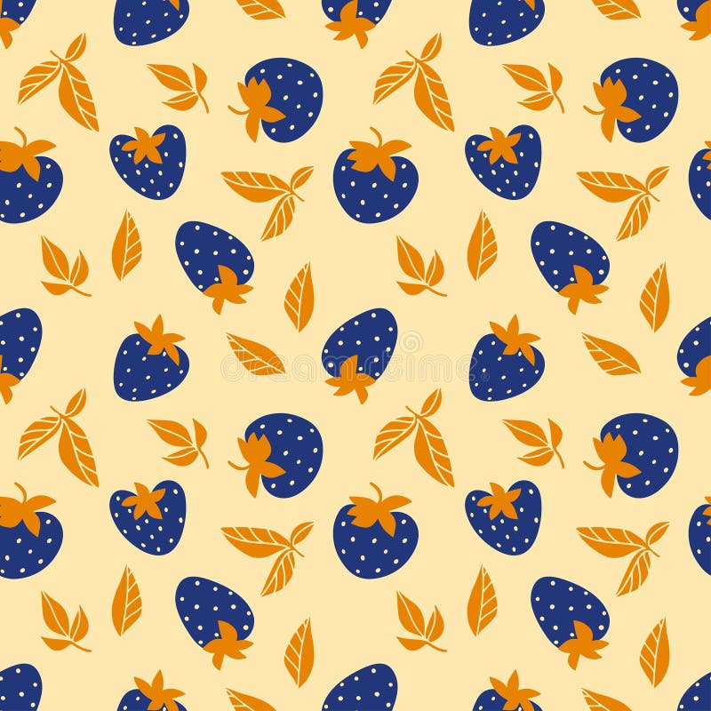 Blue Strawberry Seamless Fruit Pattern on Yellow Backgrownd. Vector ...