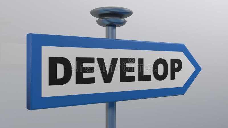 Blue Street Arrow Sign DEVELOP - 3D Rendering Illustration Stock ...