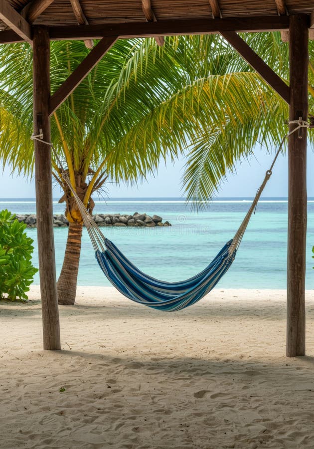 Blue Striped Hammock Under Palm Trees on Tropical Beach Stock Image ...