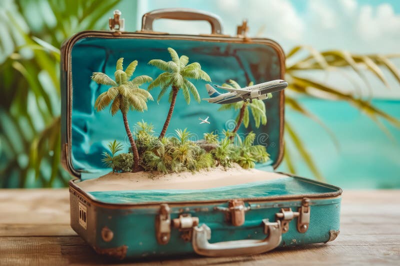 A Blue Suitcase with a Palm Tree and an Airplane Inside. Generative AI ...