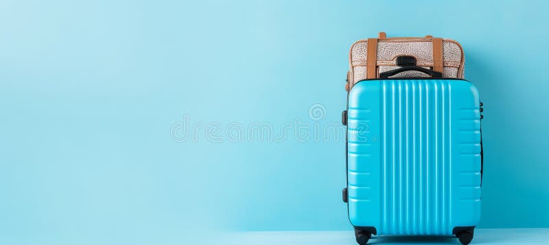 Blue Suitcase with Travel Accessories on Blue Background for ...
