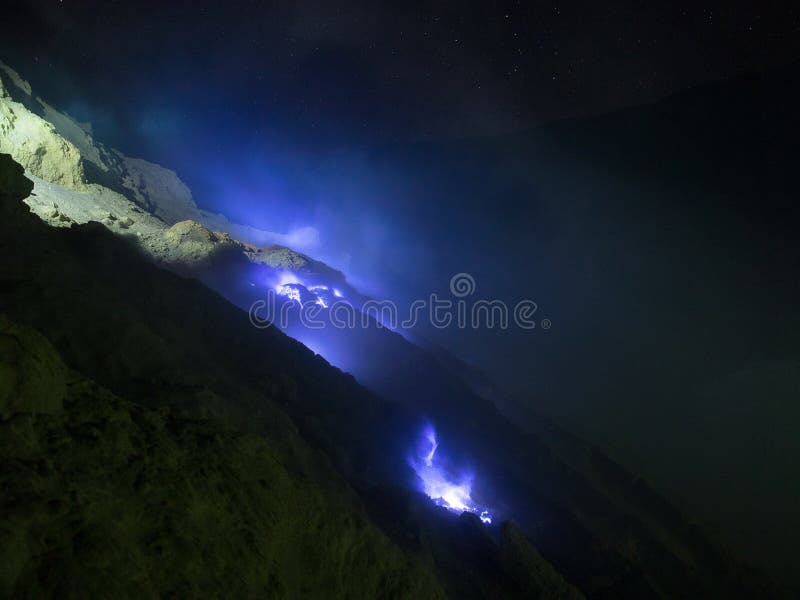 Blue Sulfur Fires, Mt Ijen, Indonesia Stock Photo - Image of sunny ...