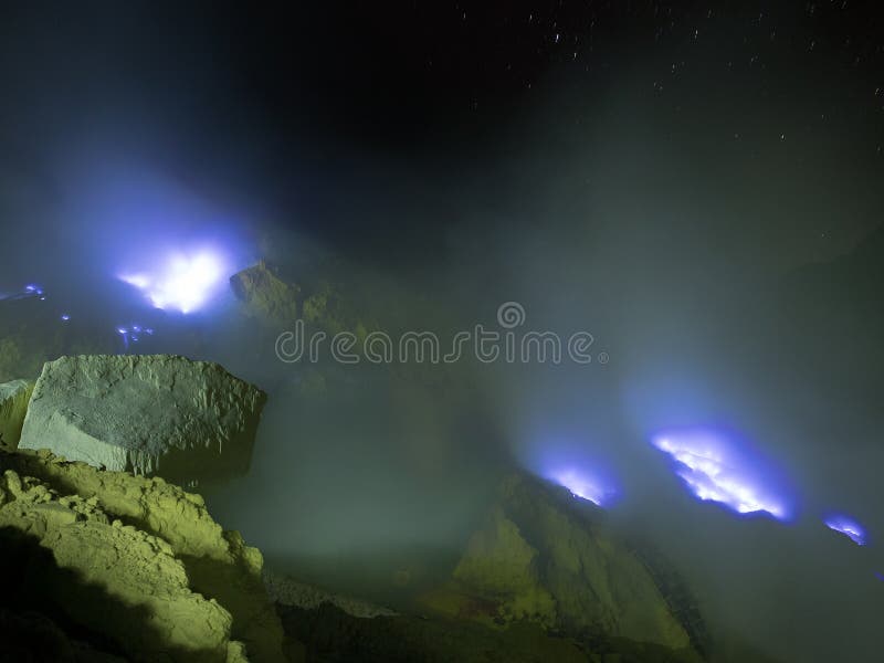 Blue Sulfur Fires, Mt Ijen, Indonesia Stock Photo - Image of tourist ...