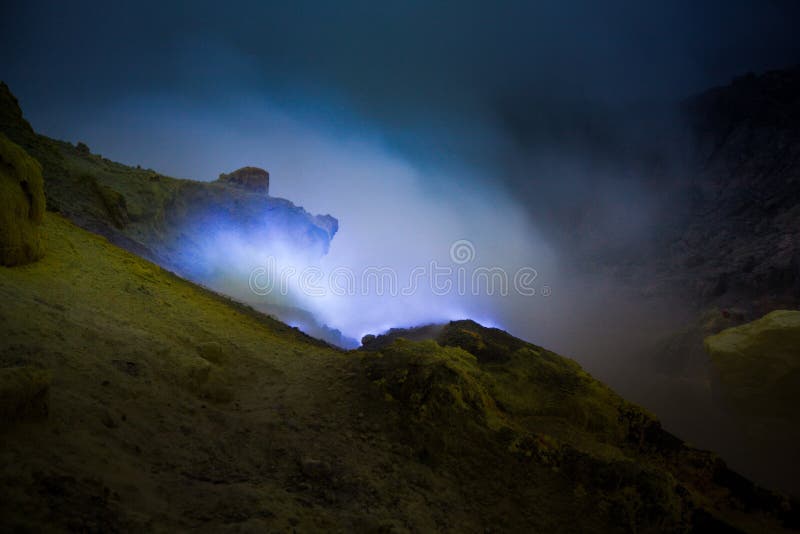 Blue Sulfur Flames, Kawah Ijen Volcano Stock Image - Image of kawah ...