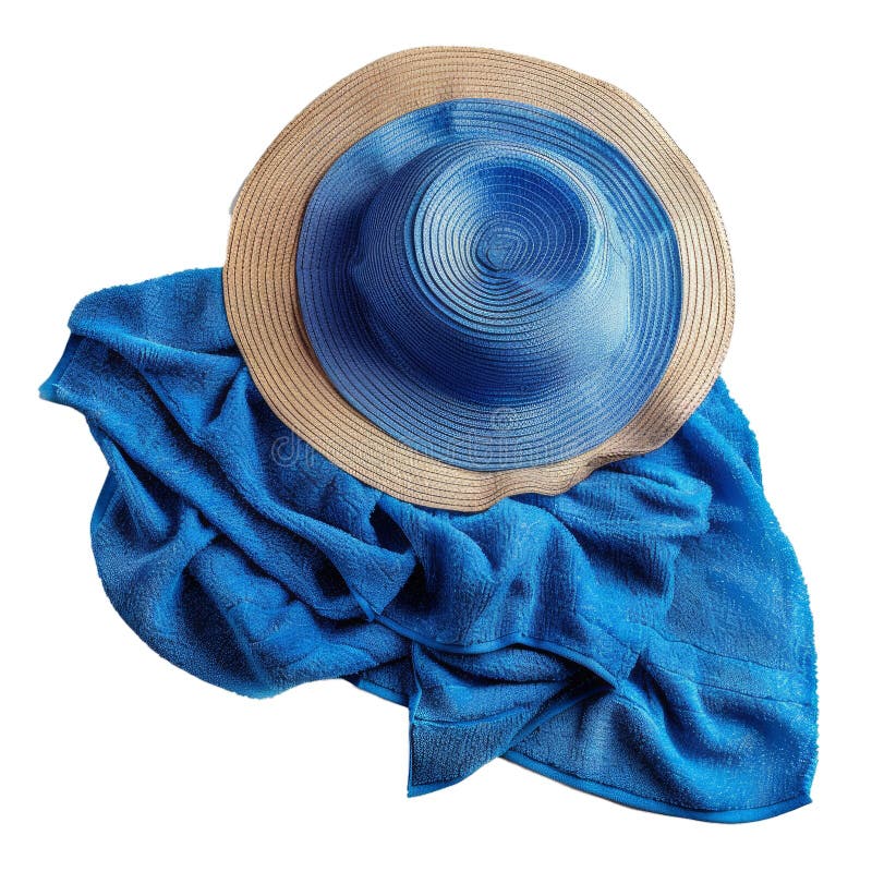 Blue Summer Hat Lying on a Crumpled Towel on White Background Stock ...