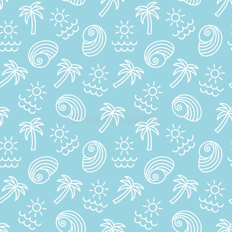 Blue Summer Seamless Pattern with Palm Trees, Shells, Sun and Sea Waves ...