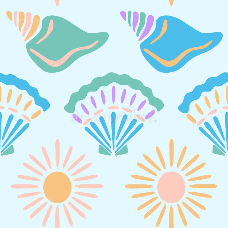 Blue Summer Seashells and Sun Vector Seamless Pattern. Marine Surface ...